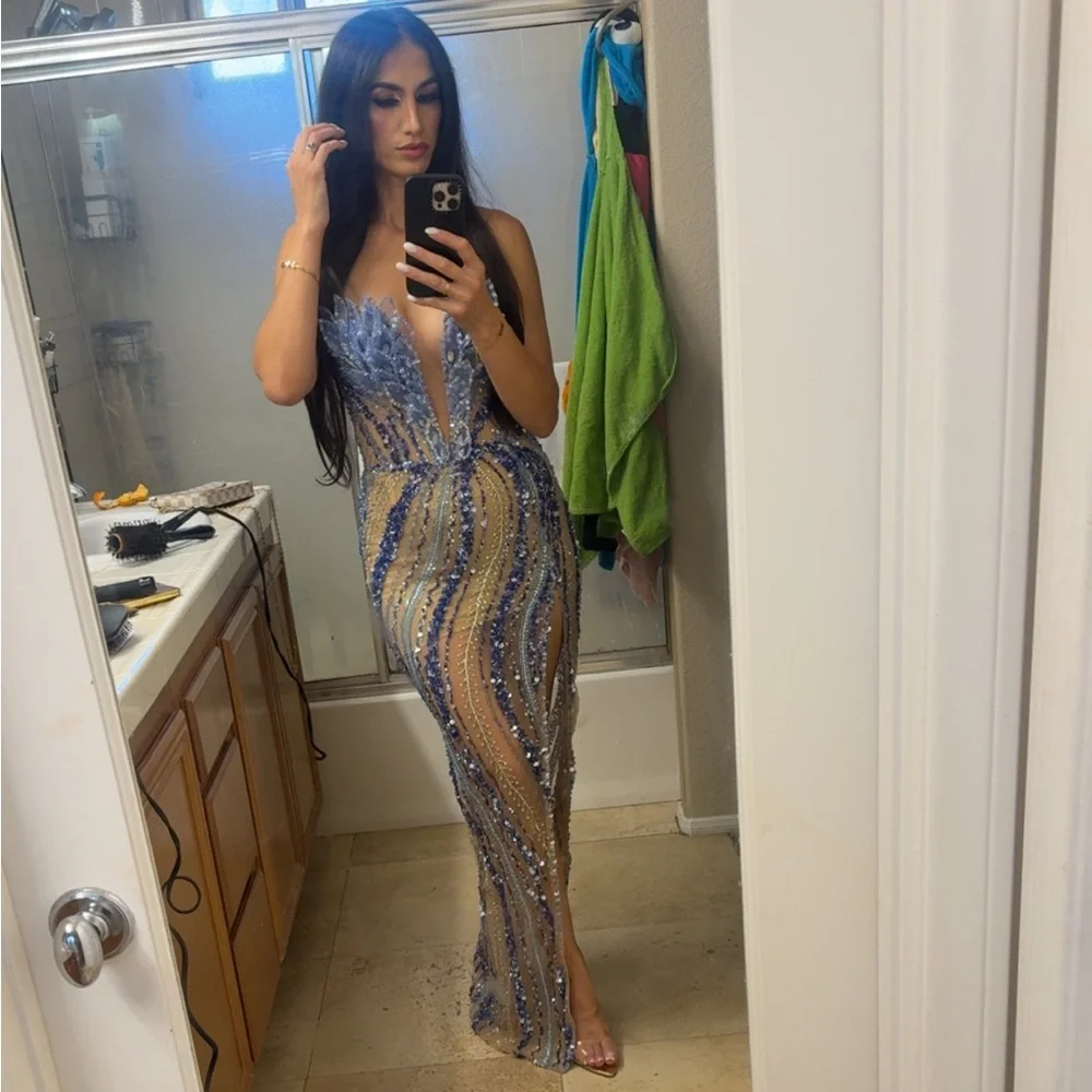 Albina Dyla | Dresses | Albina Dyla Embellished Sheer Slit Evening Gown ...